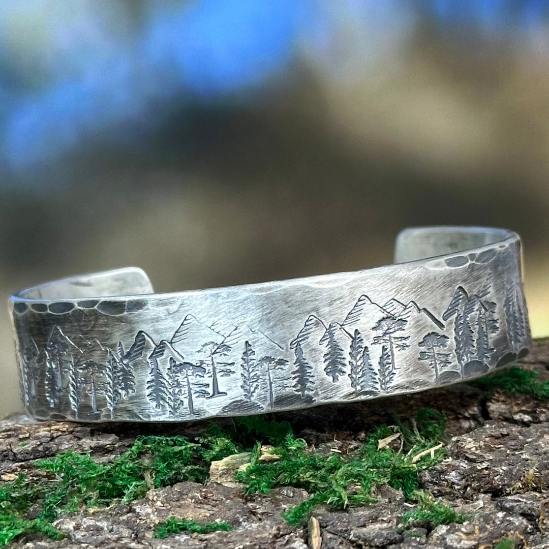 Mountains and Trees Sterling Silver Cuff Bracelet, Personalized ...