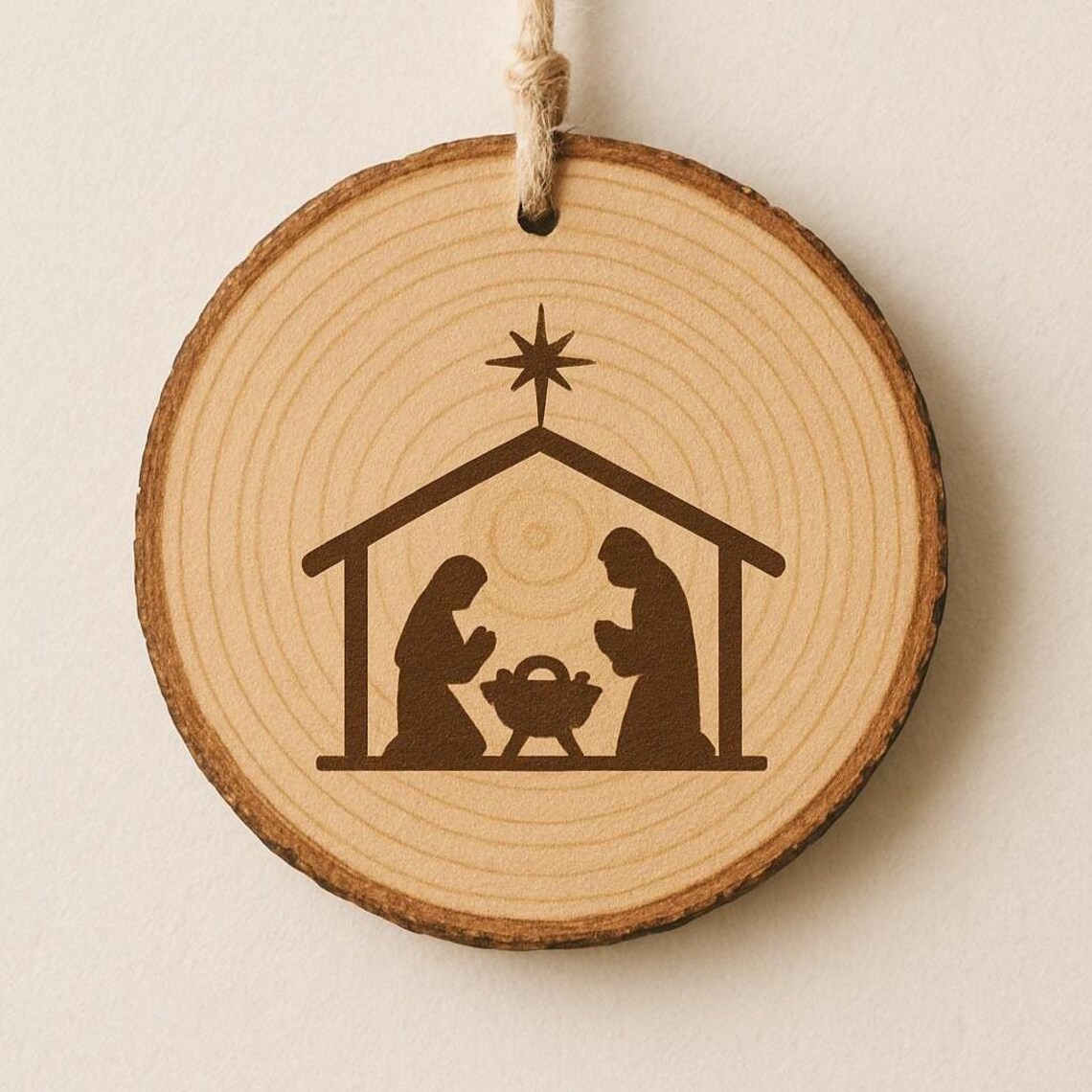 Rustic Manger Christmas Ornament – Simple Nativity Wood Slice Engraving ...