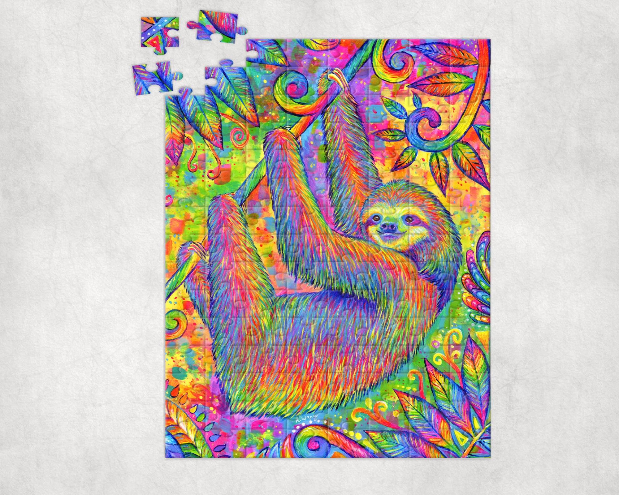 Psychedelic Rainbow Cute Sloth Art Jigsaw Puzzle (120, 252, 500-Piece ...