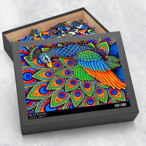 Colorful Paisley Peacock Rainbow Bird Art Jigsaw Puzzle (120, 252, 500 ...