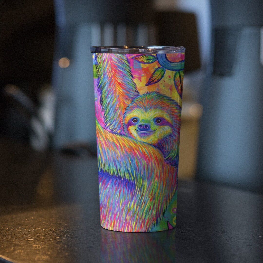 Psychedelic Rainbow Cute Sloth Trippy Groovy Stainless Steel Travel Mug ...