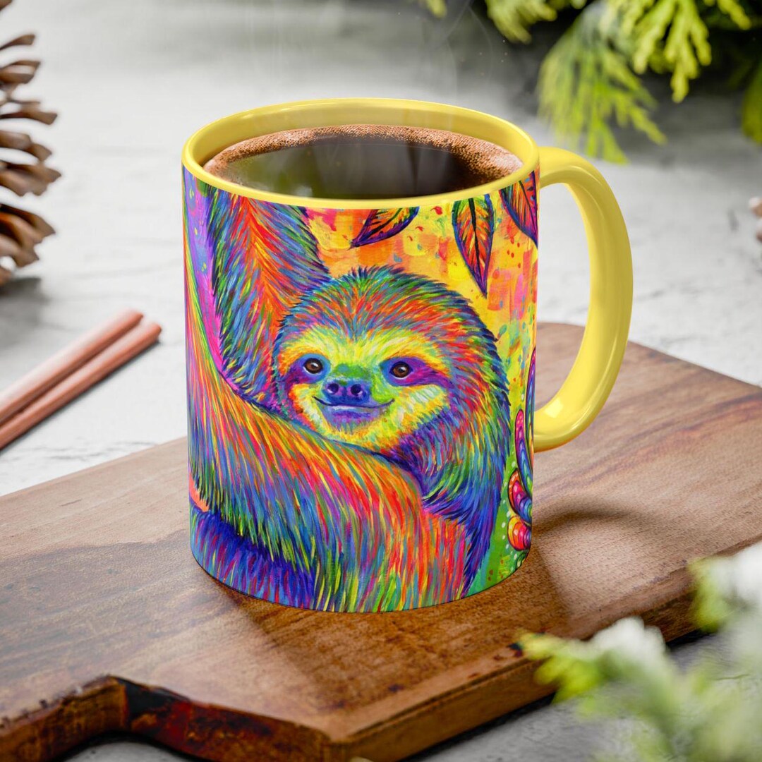 Psychedelic Rainbow Cute Sloth Trippy Pop Art Ceramic Coffee Accent Mug ...