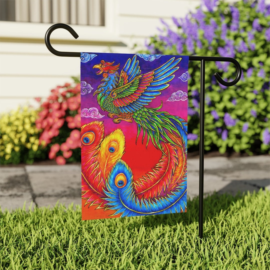 Fenghuang Chinese Phoenix Rainbow Bird Fantasy Art Garden Flag & House ...
