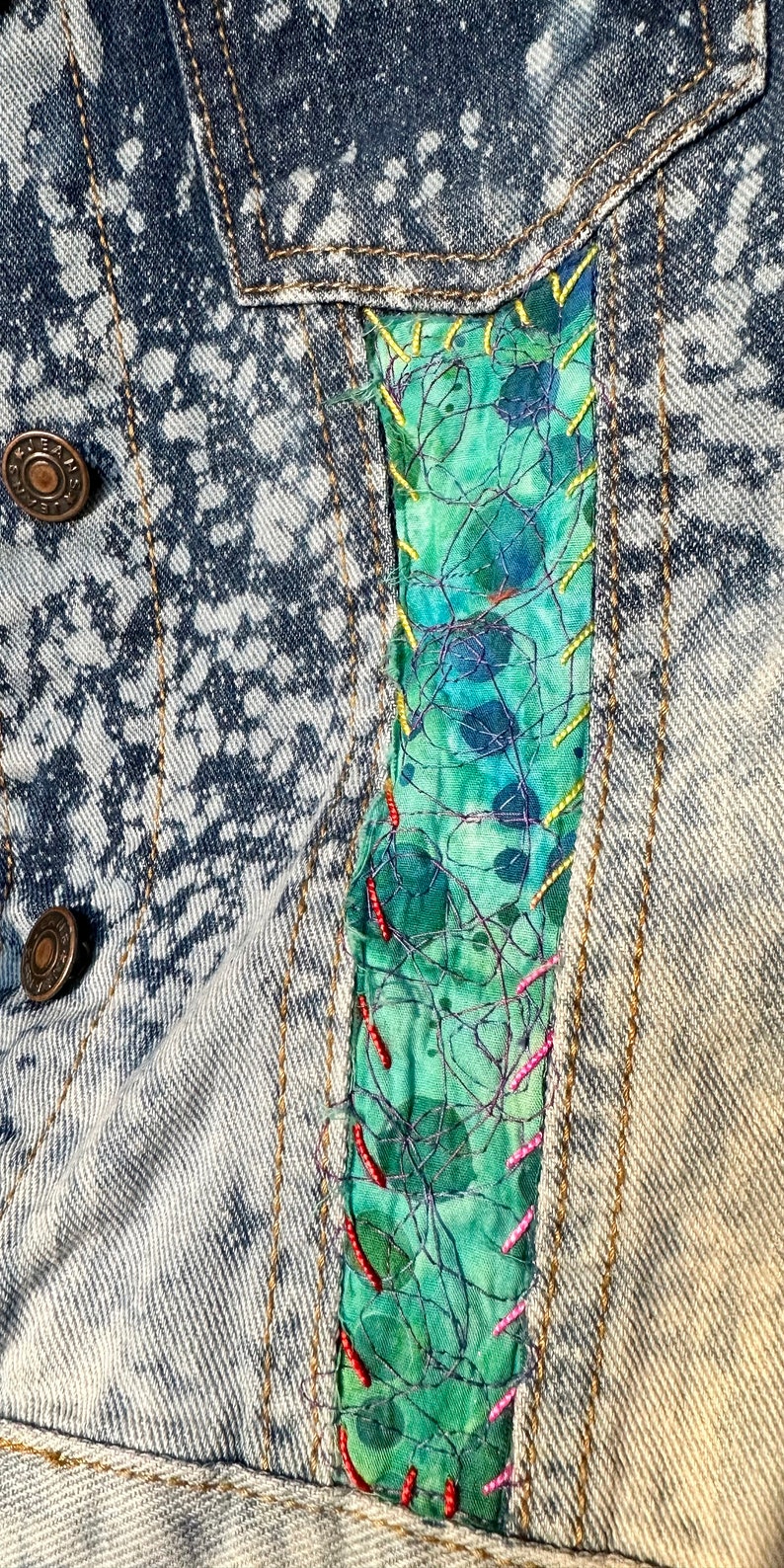 Fishy Art Vest! Bleached Denim Vest With Tripple Fish Appliqué Panel on ...