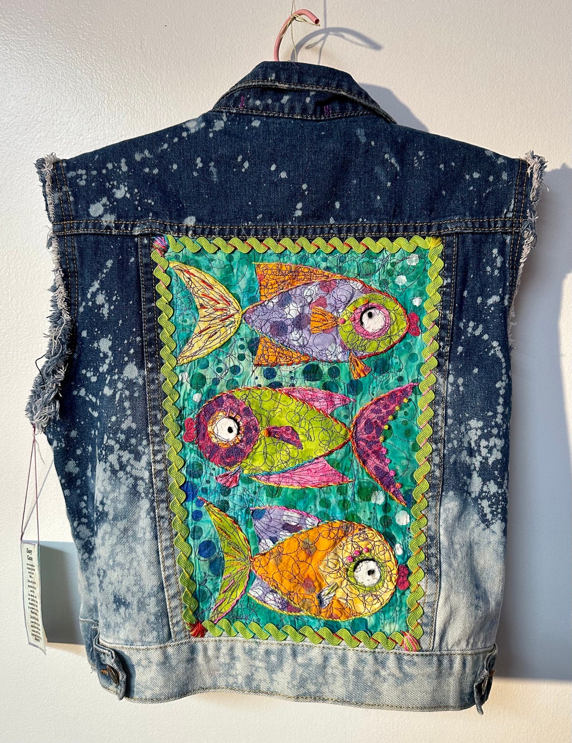 Fishy Art Vest! Bleached Denim Vest With Tripple Fish Appliqué Panel on ...