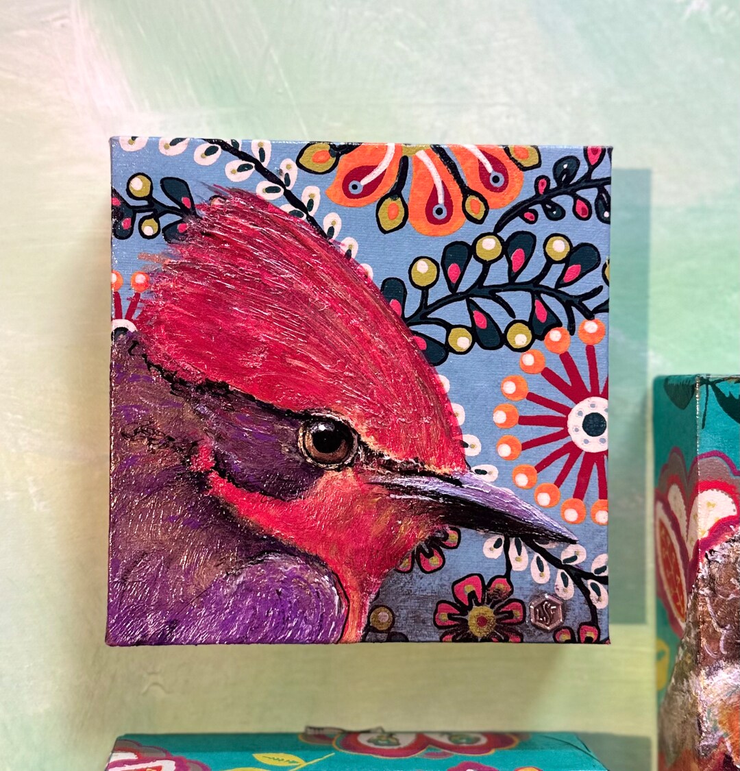 6"x6"x1.5" Red Crested Bird With Brownish Purple Back and Wings ...