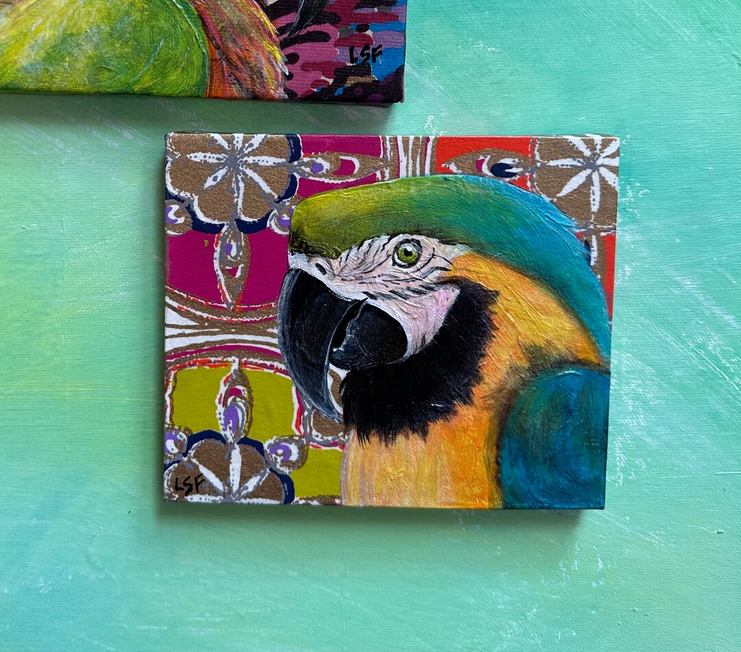 6"x5"x1/2" Blue/green Parrot Painted on Pink and Green Handmade Paper ...