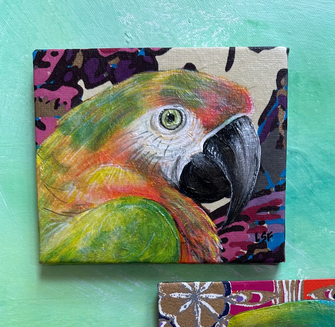 6"x5"x1/2" Parrot Painting in Acrylic on Handmade Paper, Green and ...