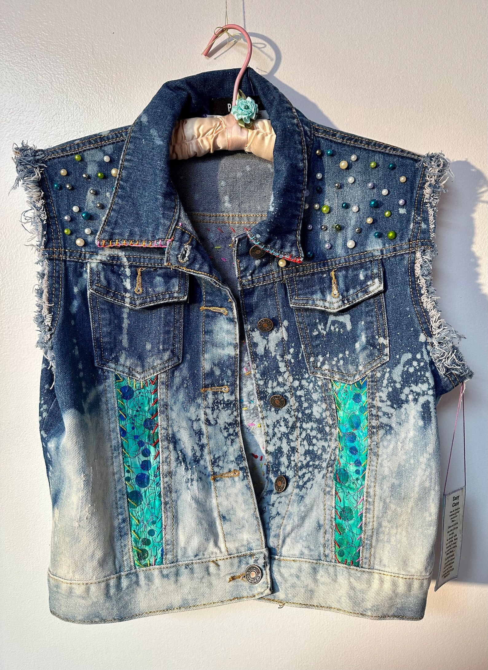 Fishy Art Vest! Bleached Denim Vest With Tripple Fish Appliqué Panel on ...