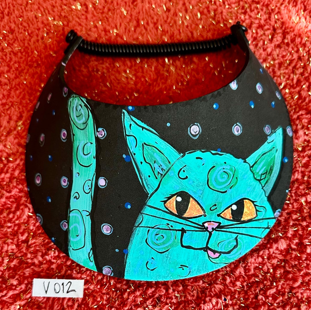 Cat Visor, Hand Painted, Ooak, Teal Cat With Green Spots Painted on a ...