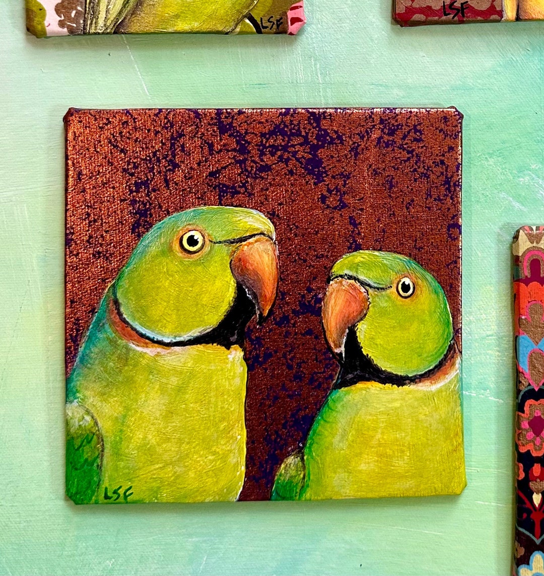 6''x6''x1/4'' Two Green Parrots Painted on Hand Made Burgundy Paper ...