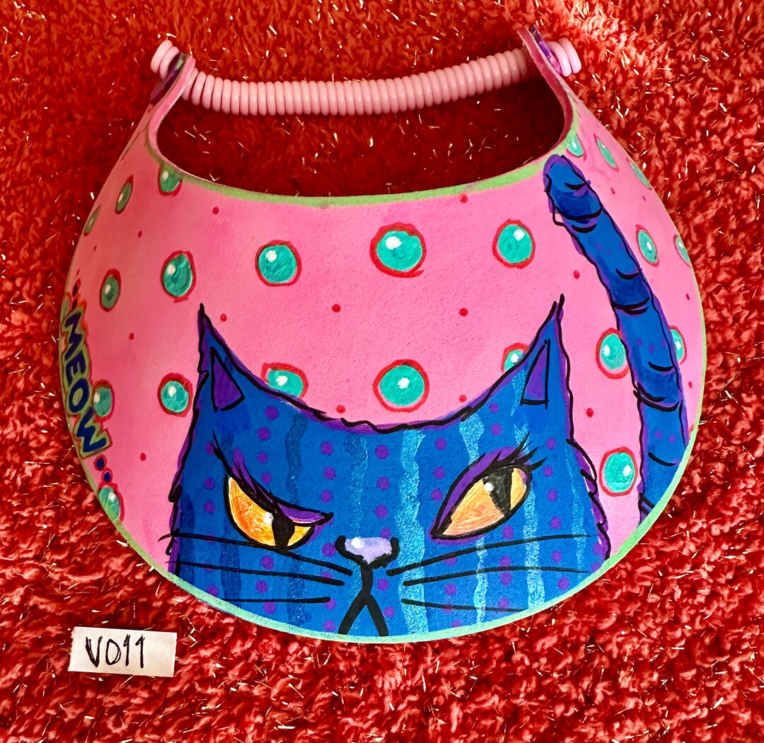 Cat Visor, Hand Painted, Ooak, Blue Stripe Cat on a Pink Visor With ...
