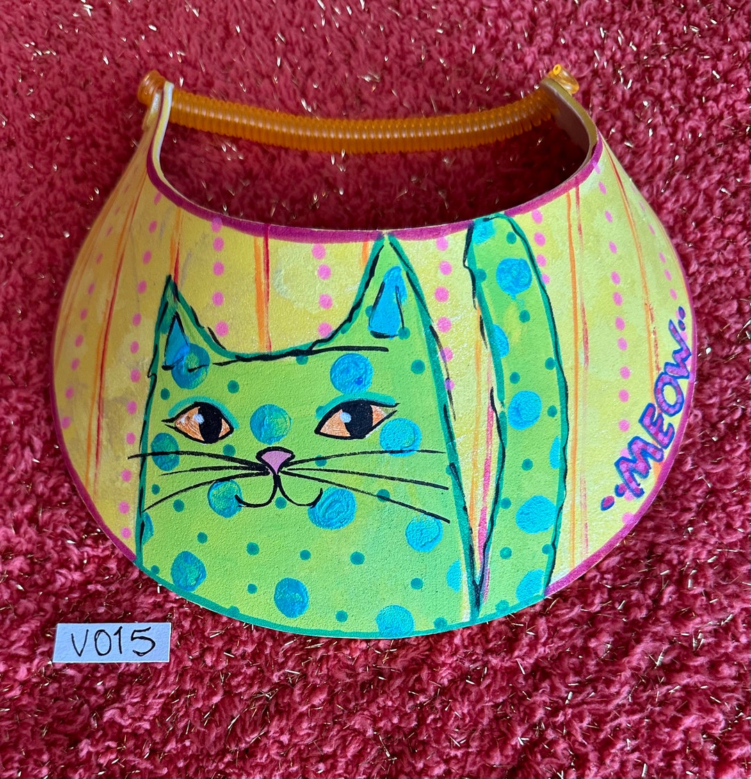 Cat Visor, Hand Painted, Ooak, Lime Green Cat With Teal Dots on a Lemon ...