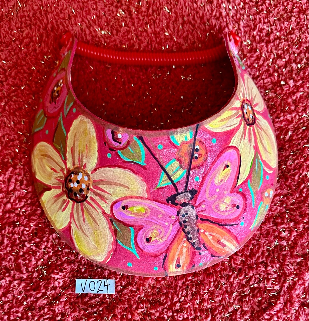 Butterfly and Flower Visor, Hand Painted, Pink/orange Butterfly on a ...