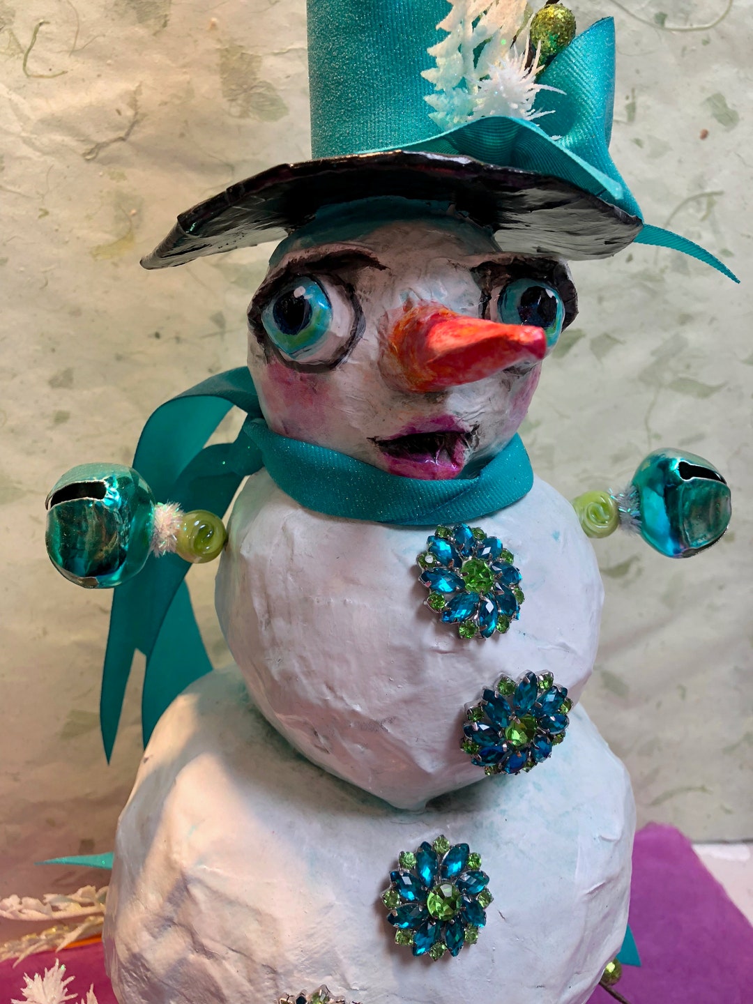 21" Mache Snowman With Rhinestone Buttons Atop a Blue/green Glass Bowl ...