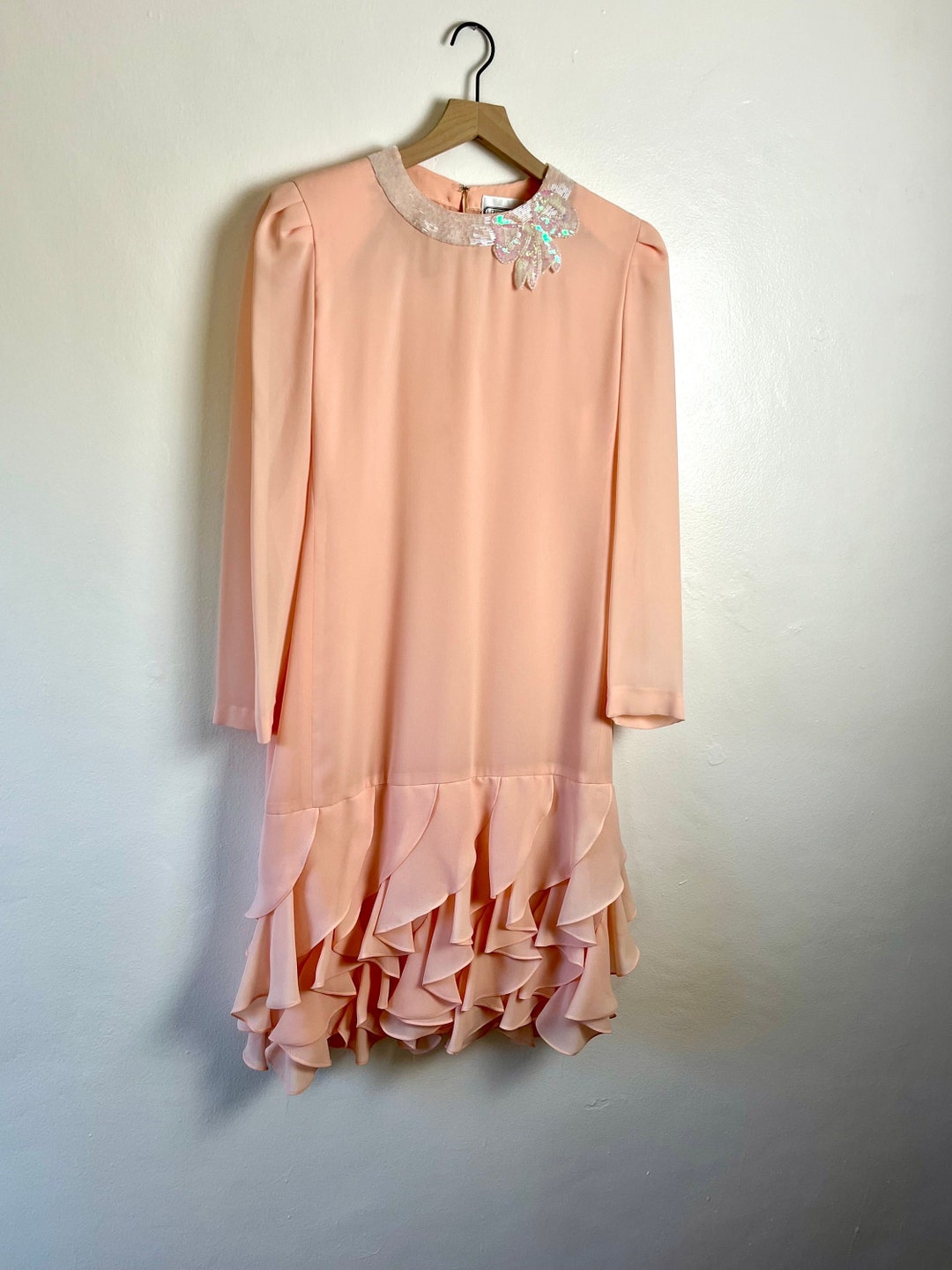 80s Vintage Ruffle Dress / Beaded Vintage Drop Waist Dress / 90s ...