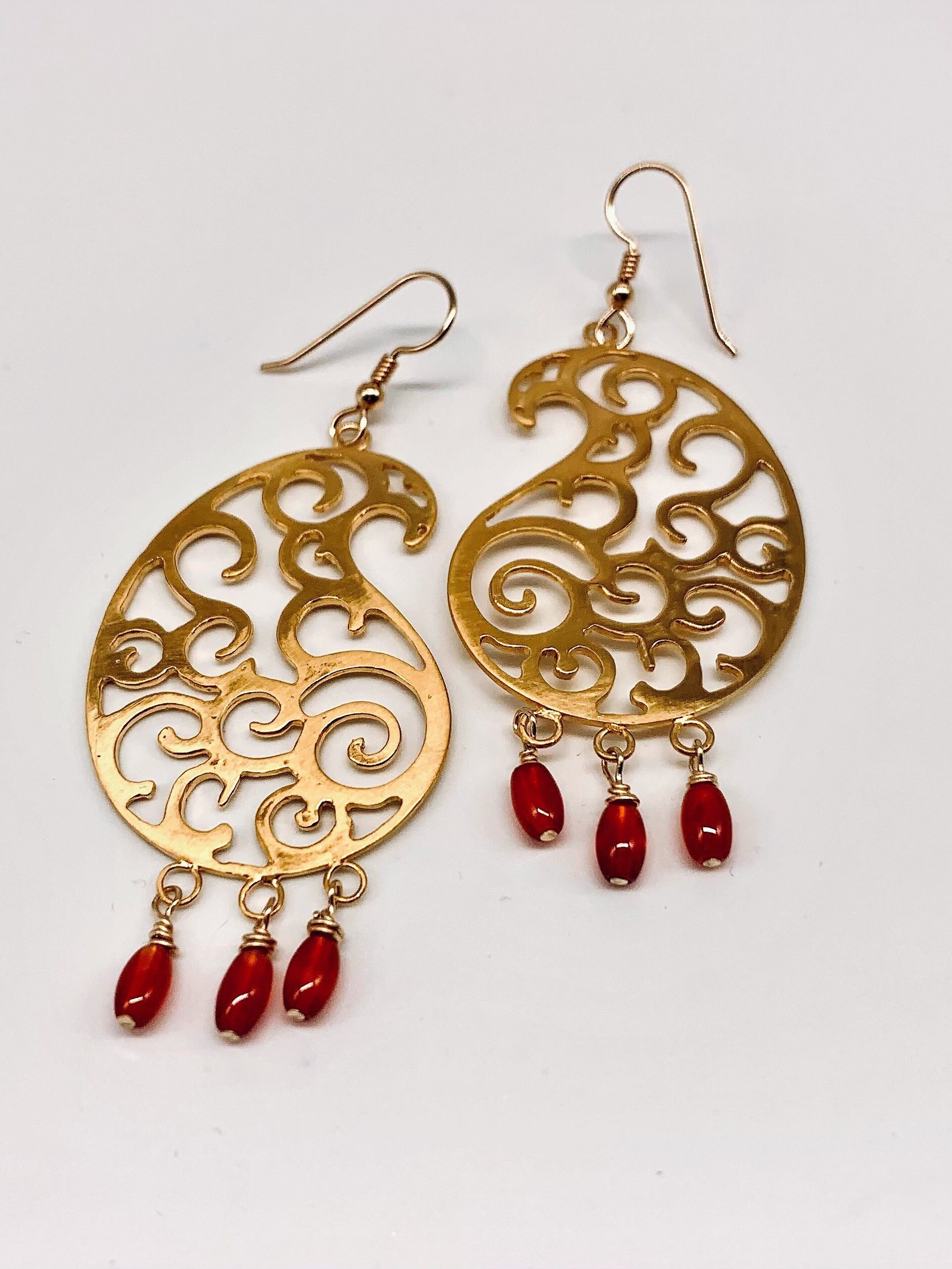 Carved 18k Gold Plated Paisley Earrings Embellished With Natural ...