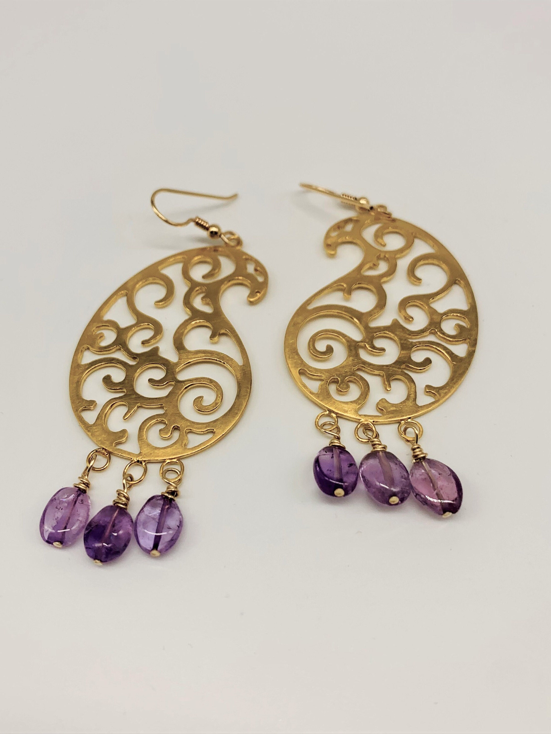 Carved 18k Gold Plated Paisley Earrings Embellished With Natural ...