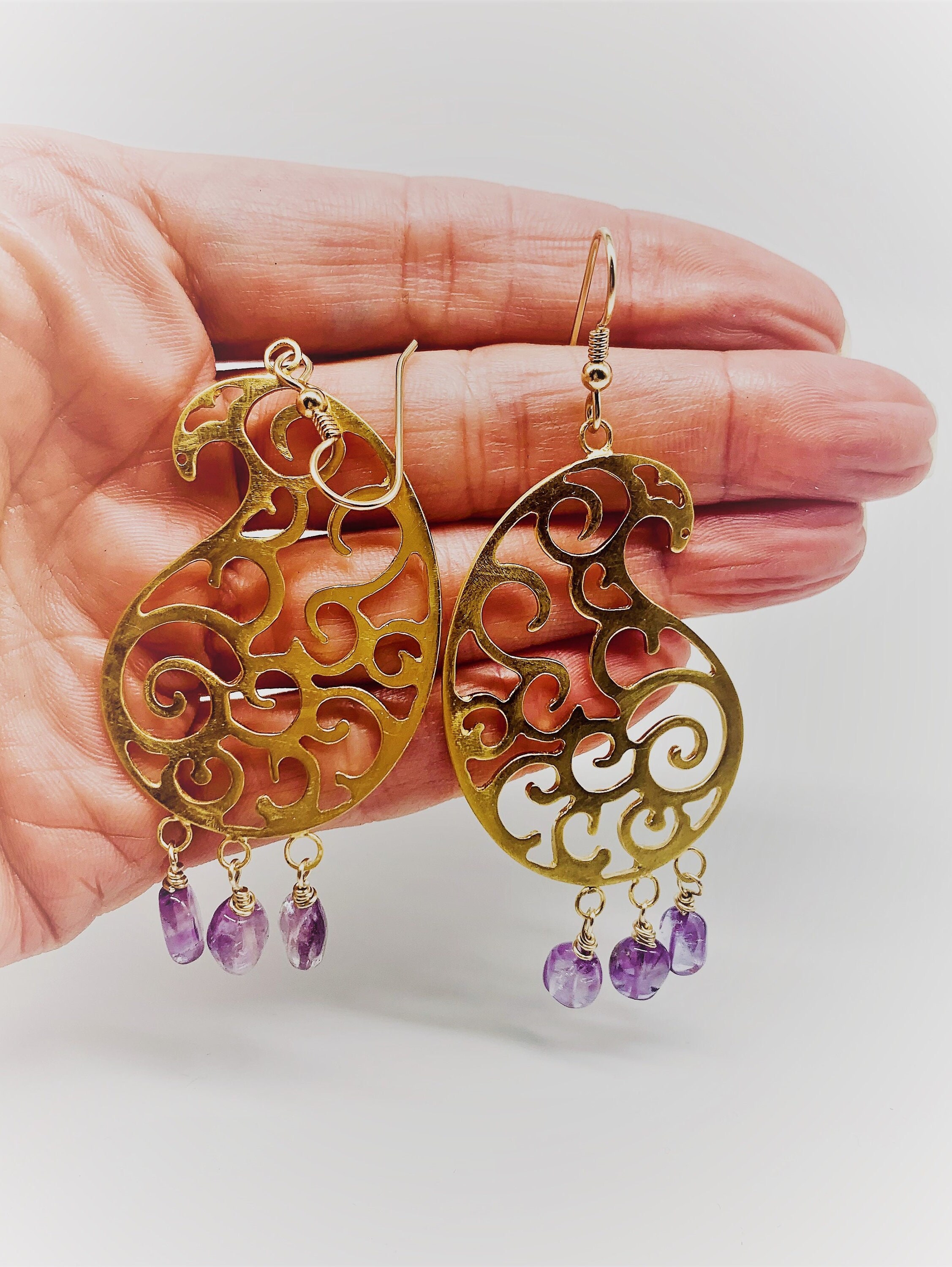Carved 18k Gold Plated Paisley Earrings Embellished With Natural ...