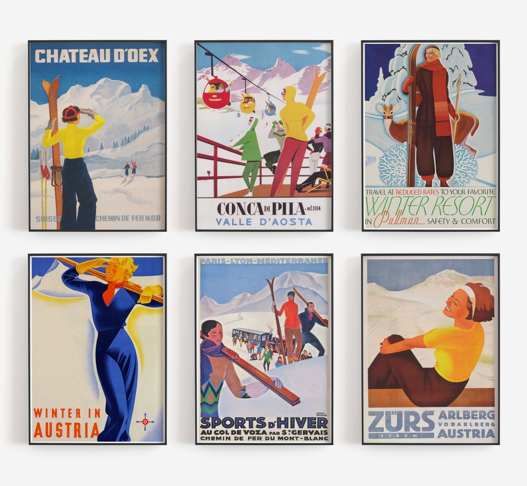 Women Skiers Wall Art, Vintage Ski Poster Art, Gallery Wall Set, Set of ...