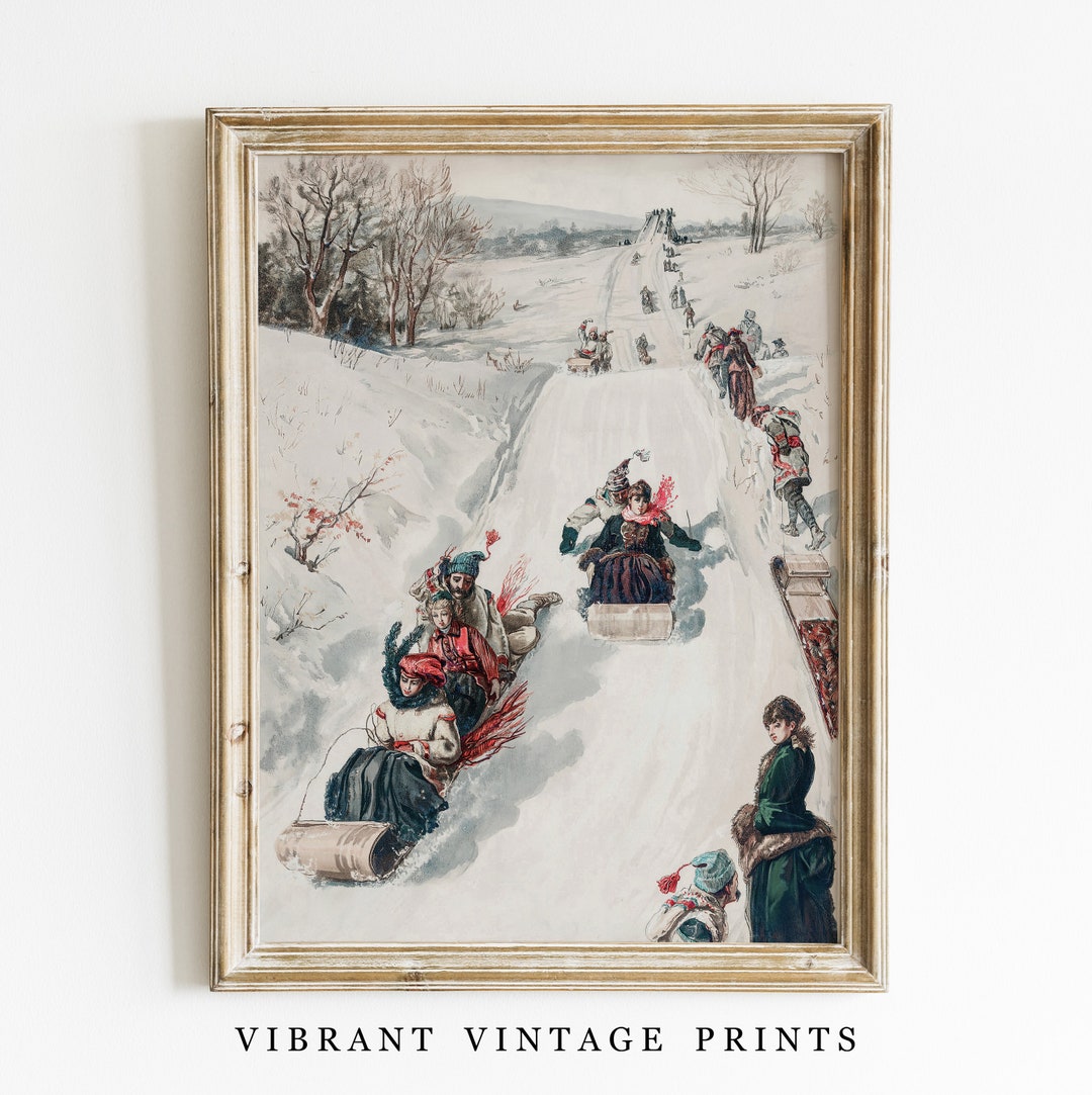 Christmas Wall Art | Vintage Wall Art | Sled Race | Winter Wall Art ...