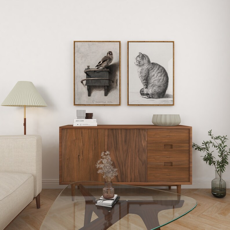 Vintage Cat and Bird Sketch Print Set | Muted Neutral Wall Art (digital ...