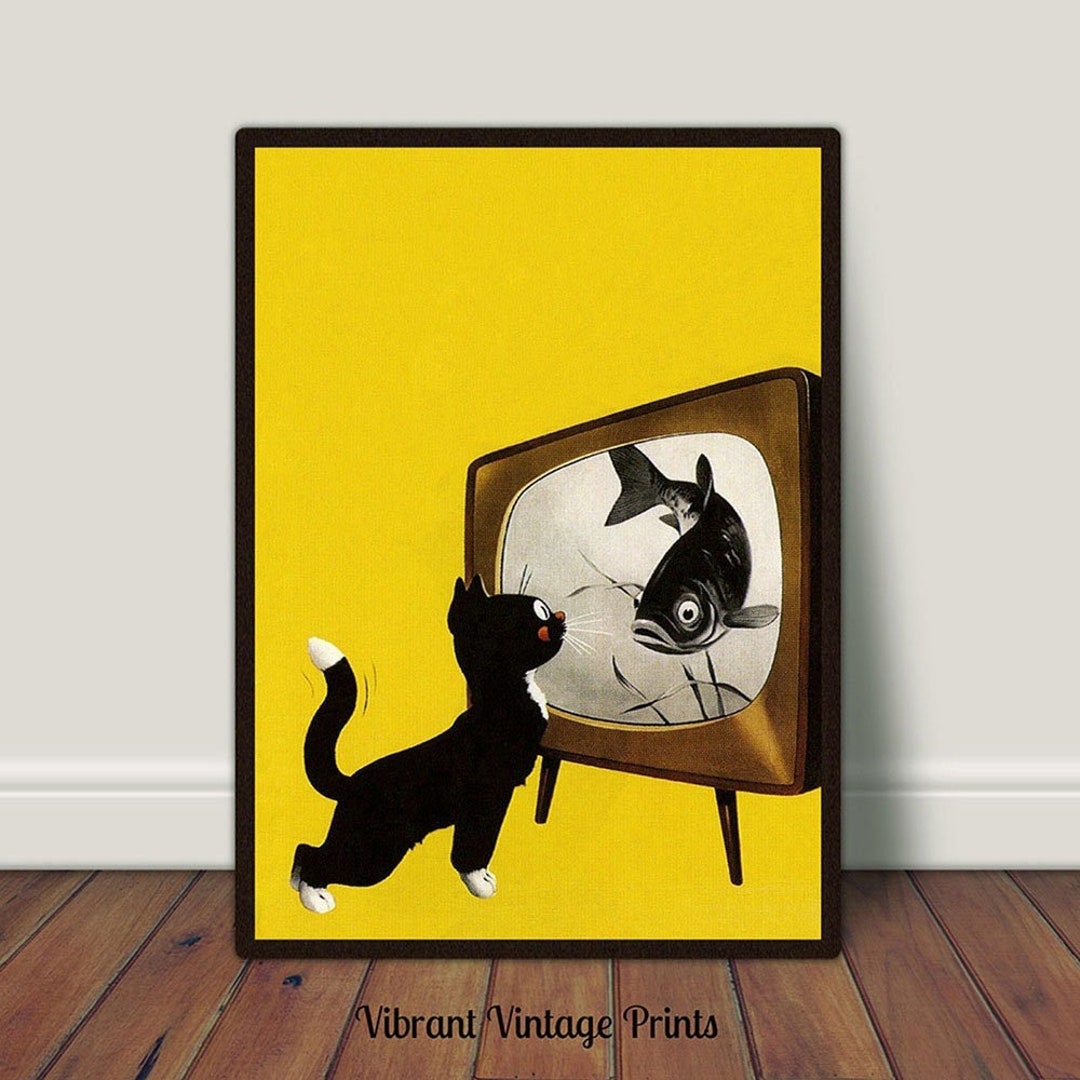 Cat Wall Art, Black Cat Art, Vintage Cat Art, Whimsical Art, Retro Wall ...