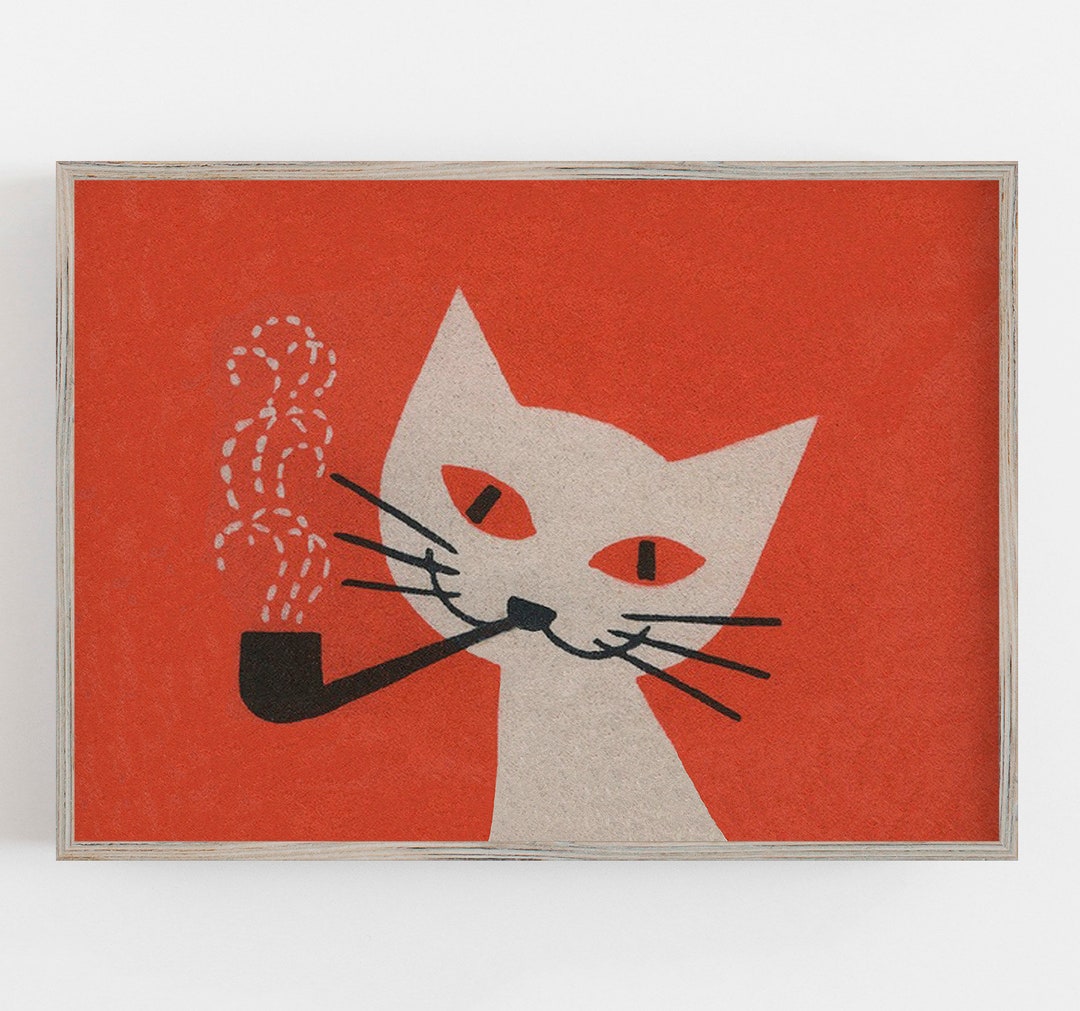 Cat Smoking Pipe Cat Wall Art Whimsical Wall Art Retro Wall - Etsy