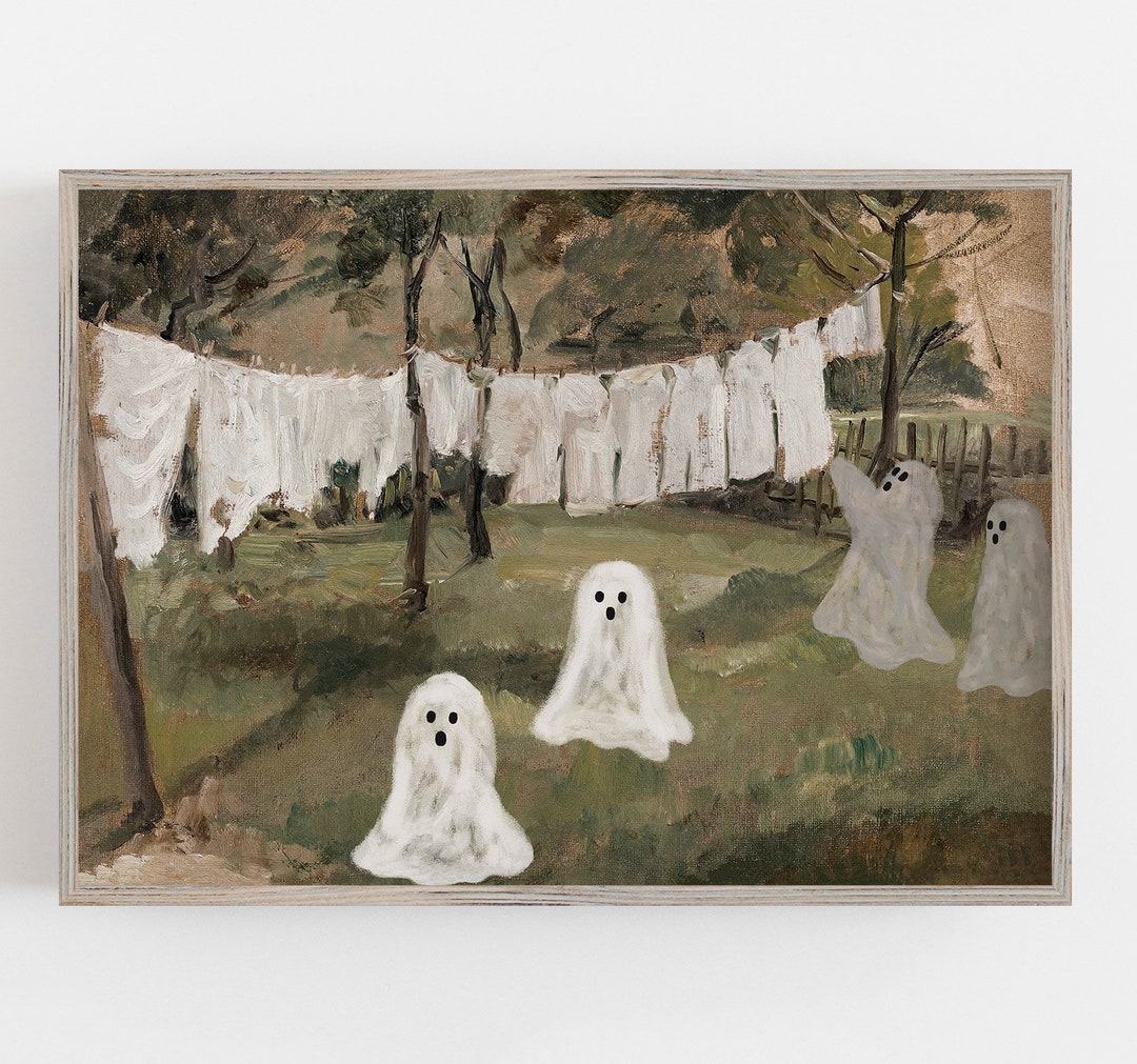 Halloween Wall Art, Ghosts at Laundry Line, Vintage Wall Art, Spooky ...
