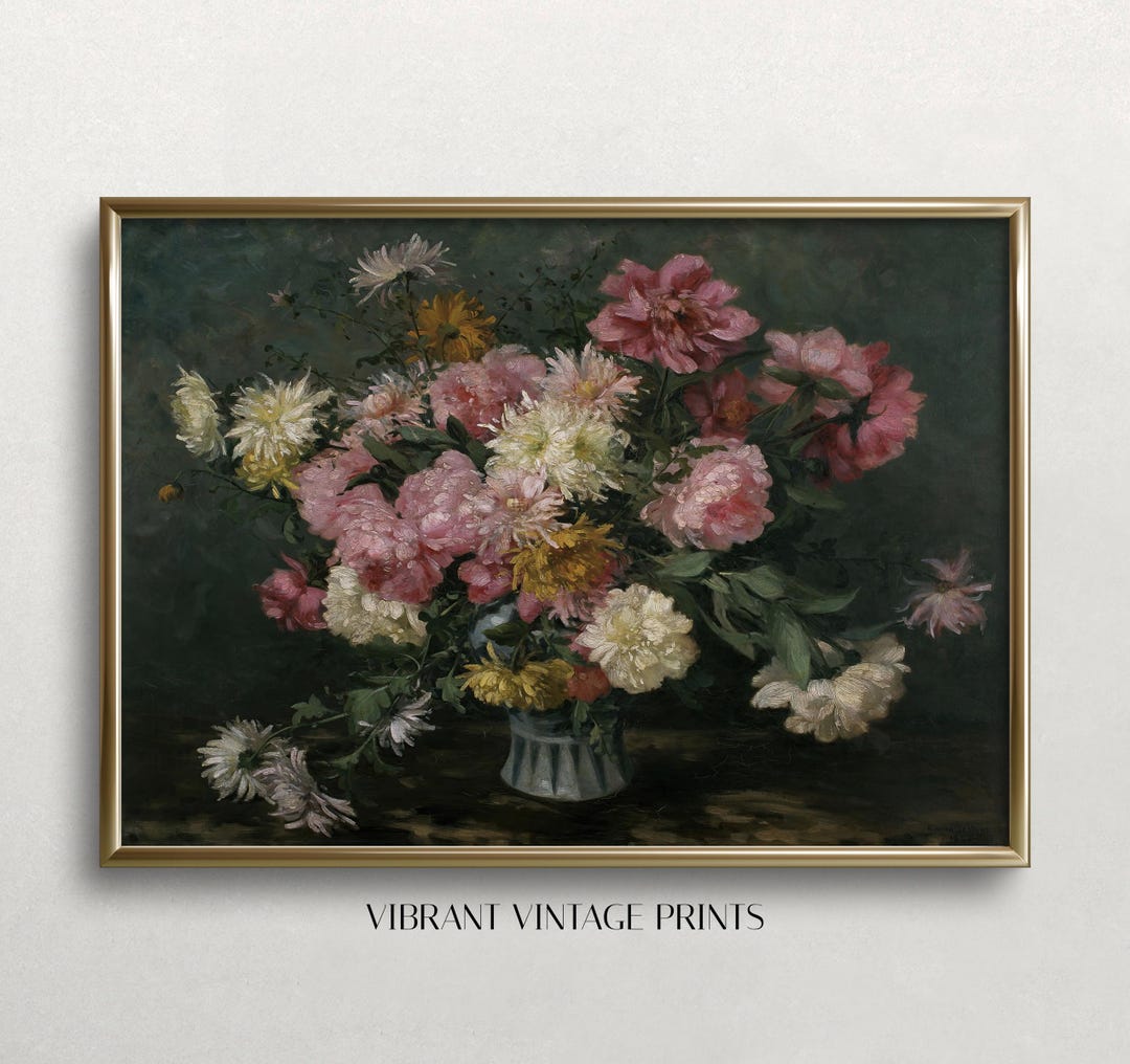 Peonies and Mums Art | Vintage Wall Art | Flowers Wall Art | Dark Moody ...