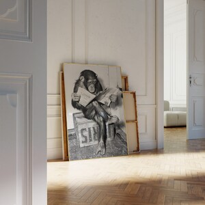 Chimpanzee Reading Newspaper, Black and White Art, Vintage Wall Art ...