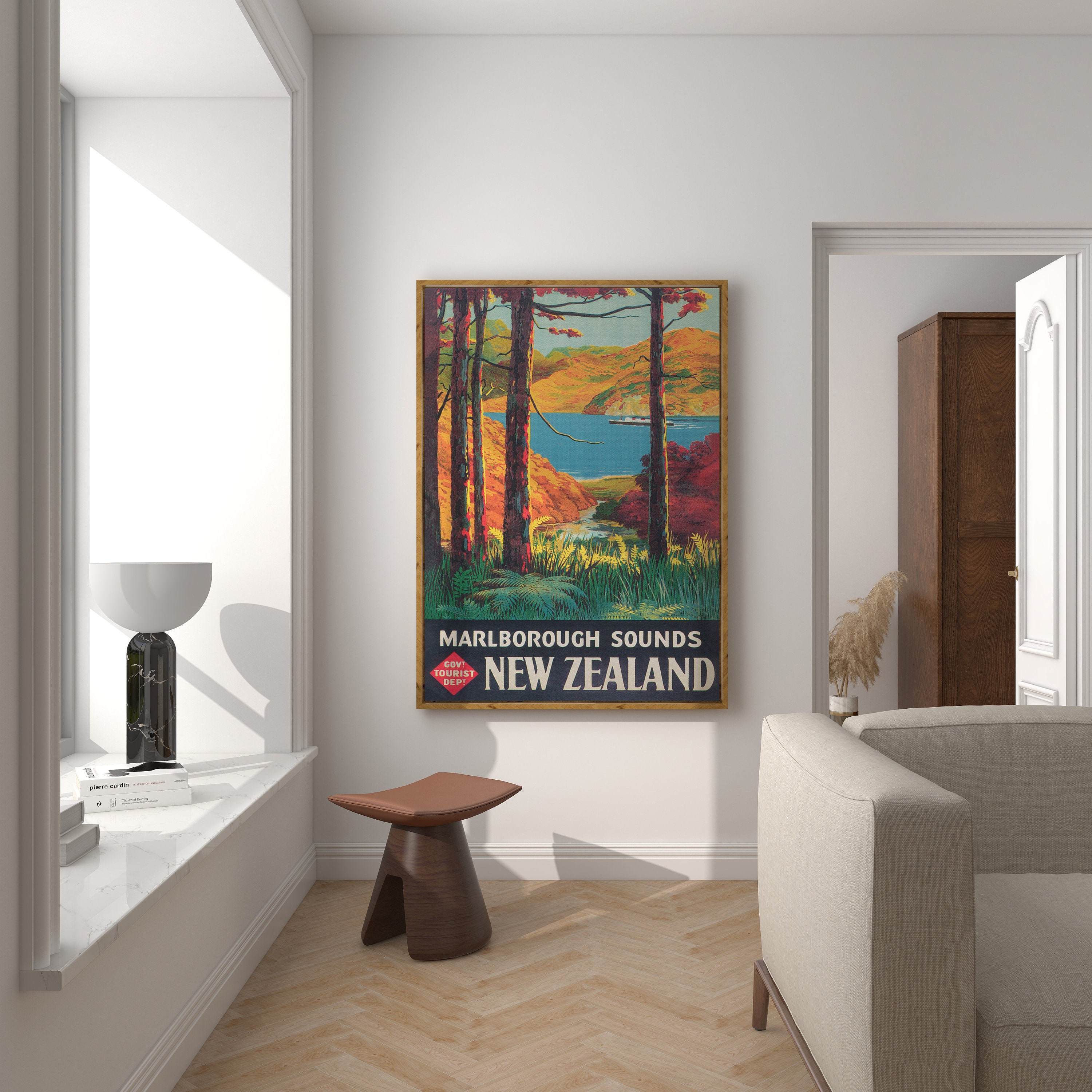 Vintage New Zealand Travel Poster, Marlborough Sounds Art (digital ...