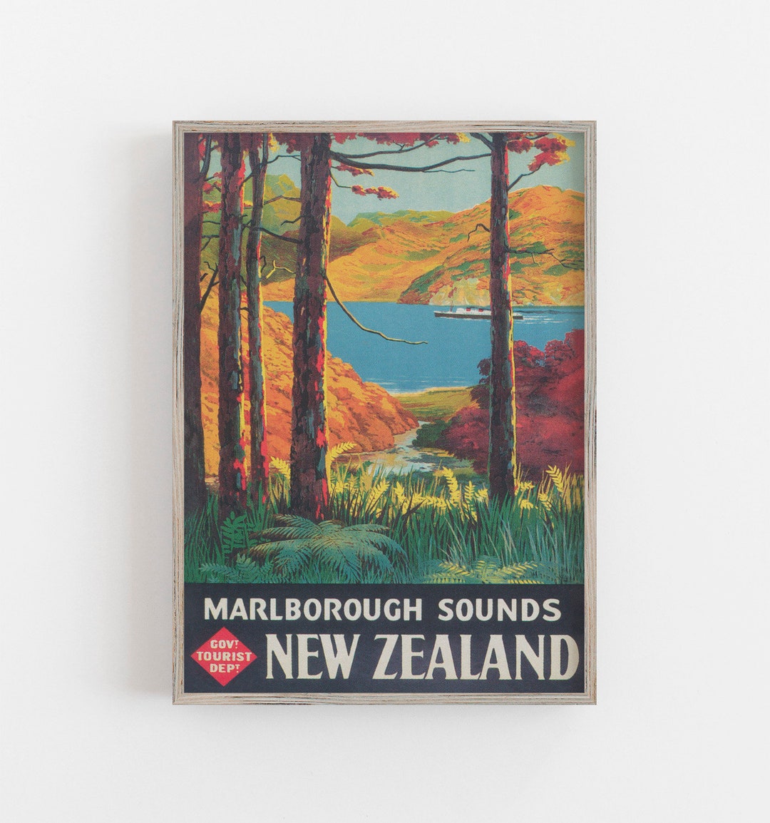 Vintage New Zealand Travel Poster, Marlborough Sounds Art (digital ...