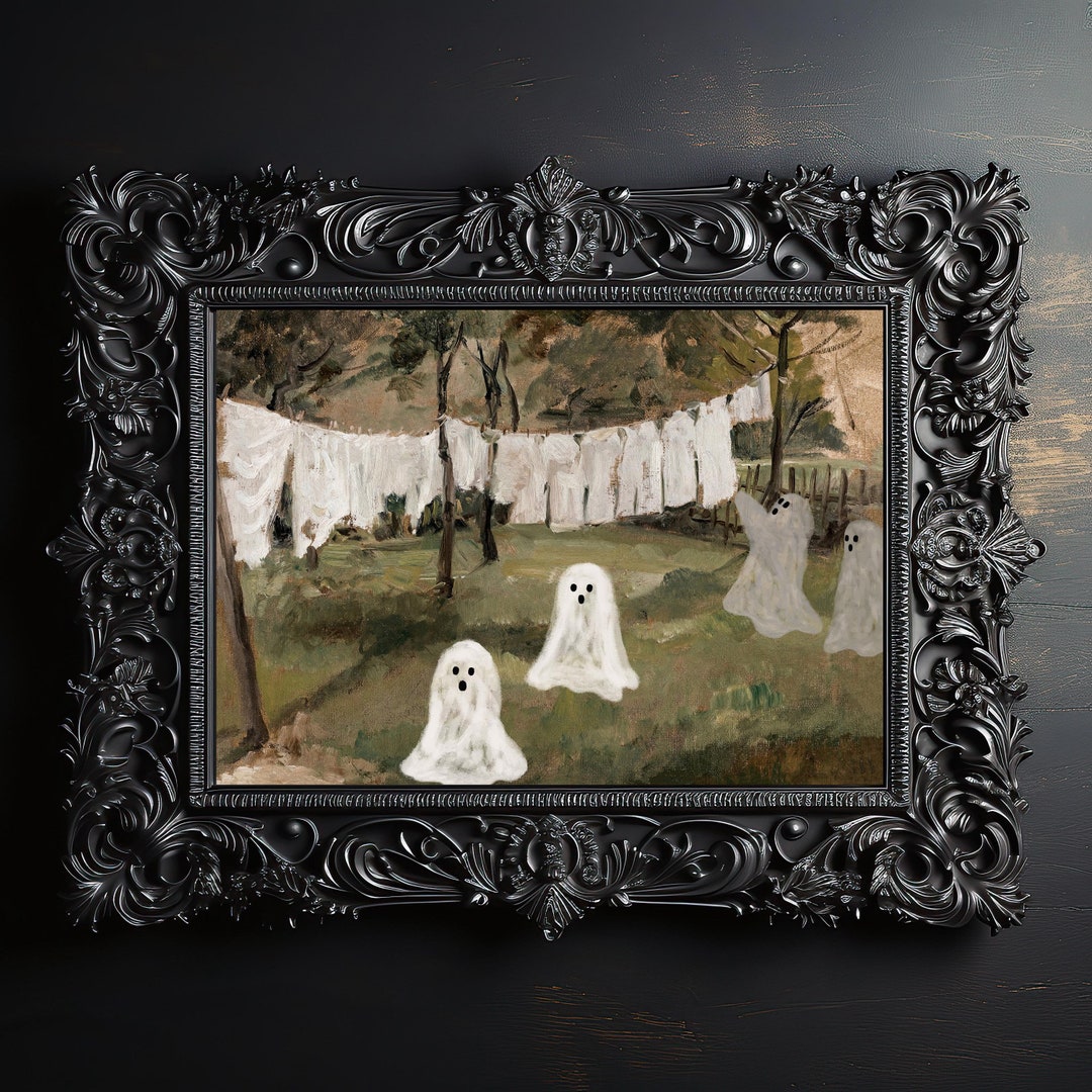 Halloween Wall Art, Ghosts at Laundry Line, Vintage Wall Art, Spooky ...