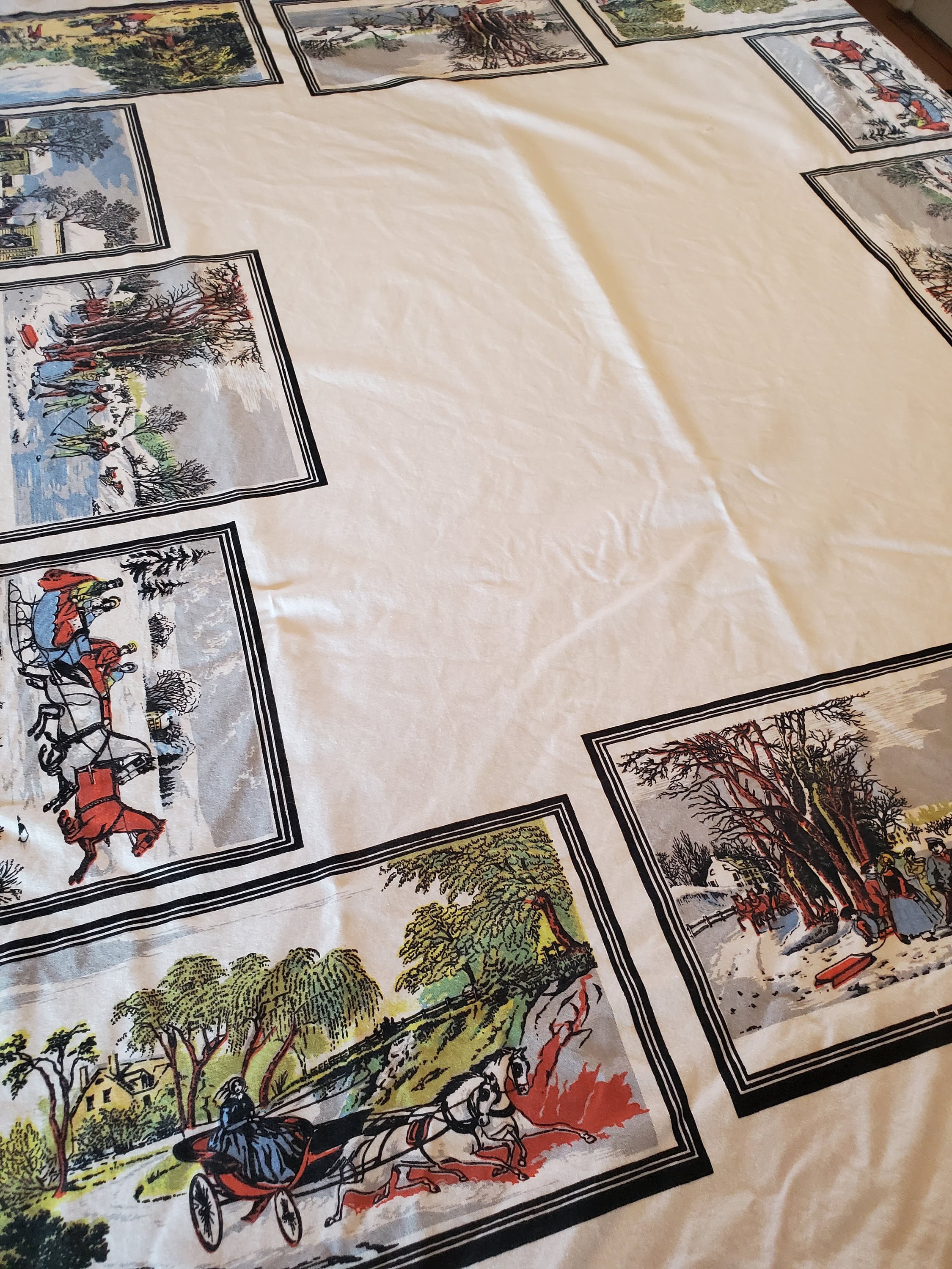 RARE Vintage Tablecloth White With People Seasonal Scenes Issue Please ...