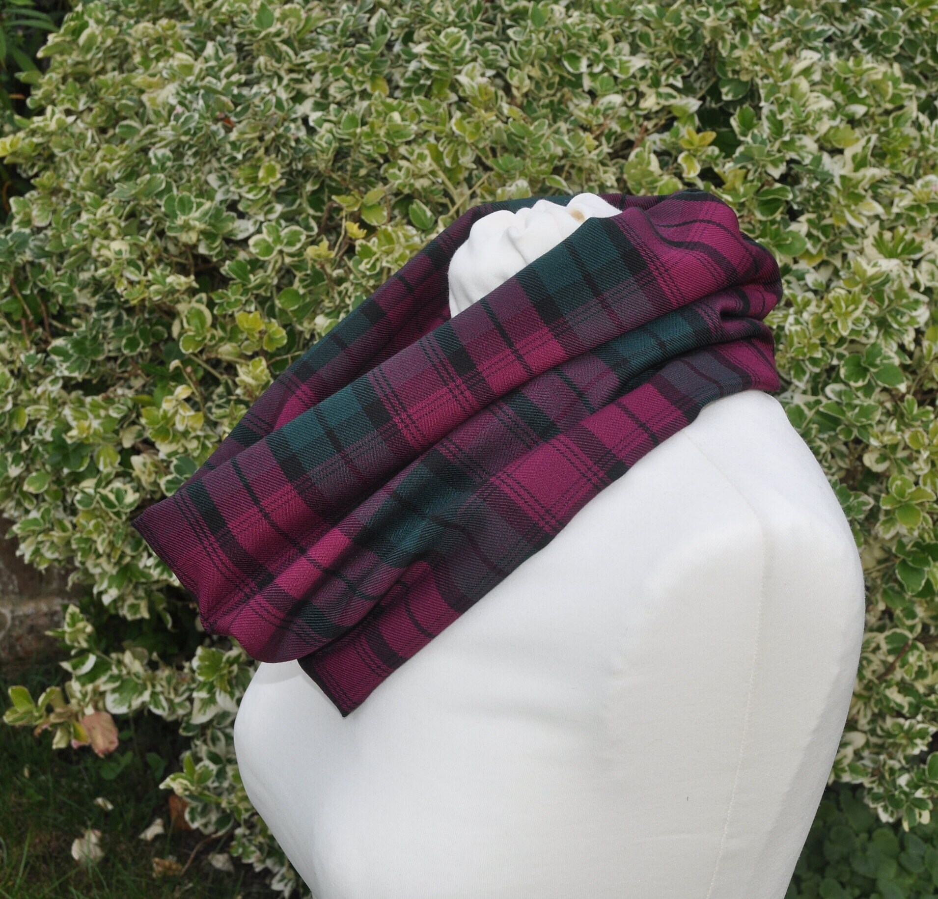 Cowl/snood in Wool Mix Woven Tartan Check Deep Pink Green and Black - Etsy