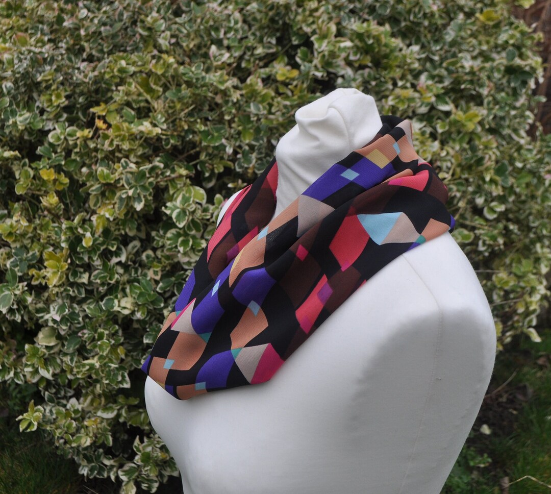Cowl/snood Scarf Chiffon Geometric Shapes Bright Purple Pink Brown ...
