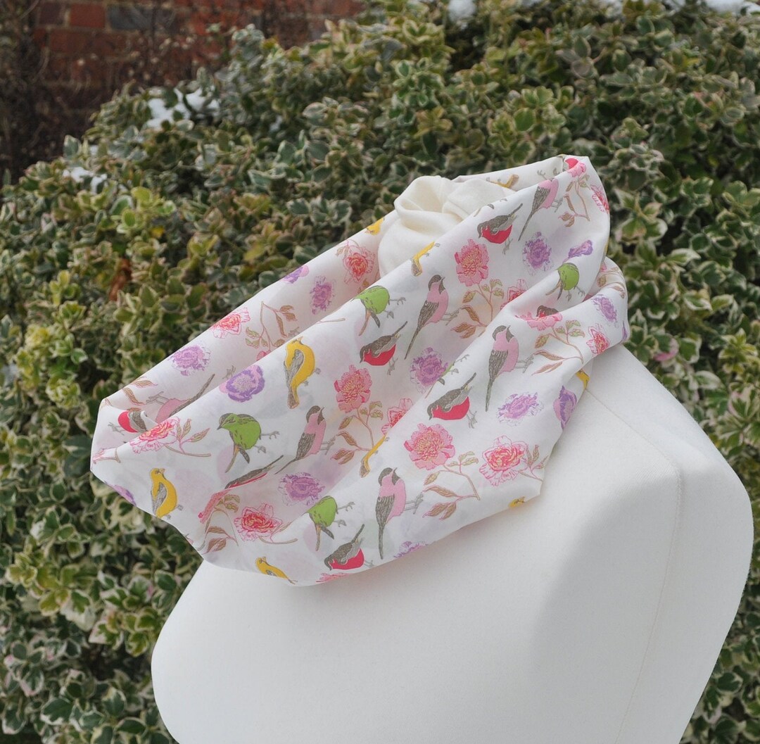 Cowl/snood in Cotton Lawn Garden Birds Flowers Pink Yellow Green Multi ...