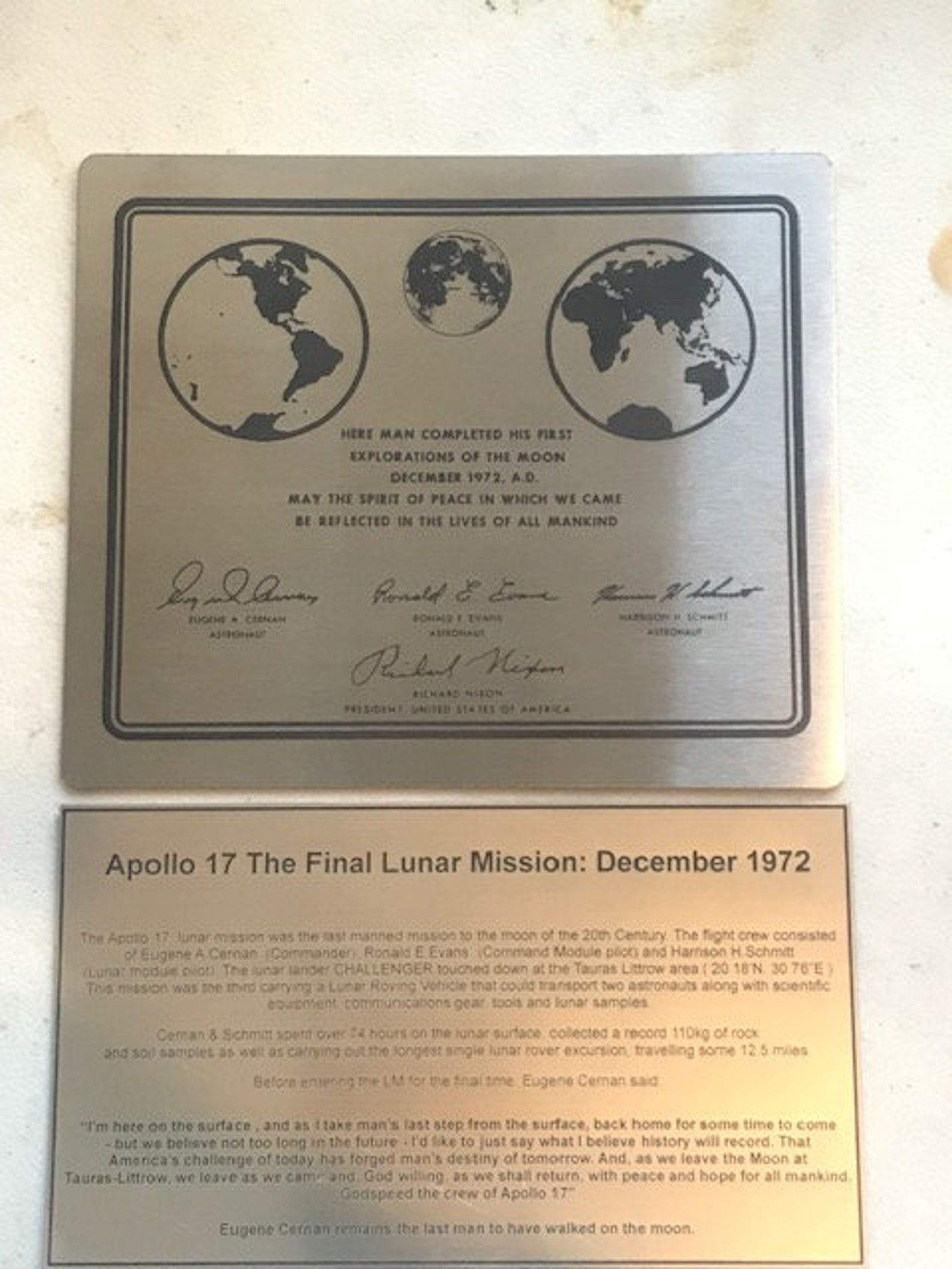 APOLLO 17 NASA Lunar Landing Plaque - December 1972 - + "the Final ...