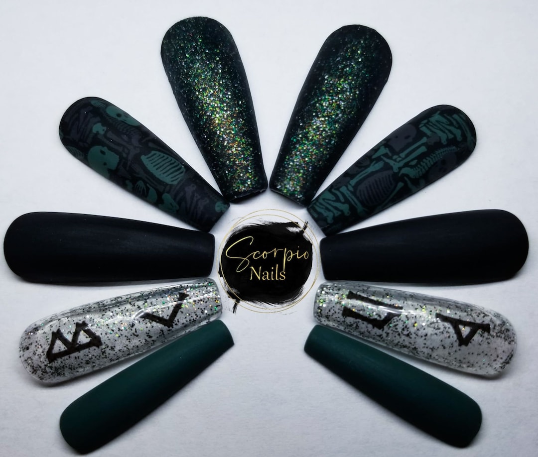 Witchy Runes Nails Witch Skeleton Bones Green Black - Etsy