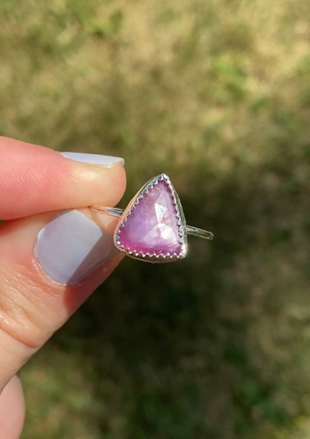 Natural Faceted Ruby Triangle Ring Set in Scalloped Sterling Silver ...