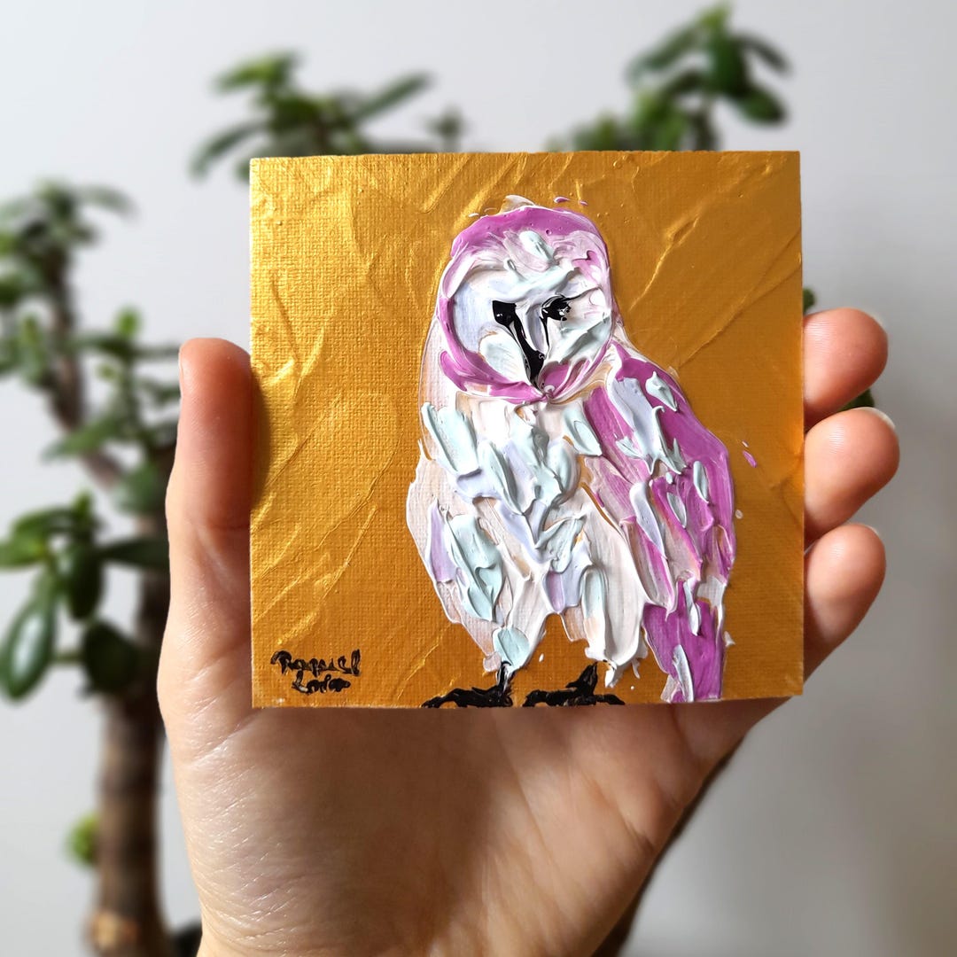 Barn Owl Art Tiny 3.5x3.5 Inch, Gold Artwork, Impasto Painting on ...