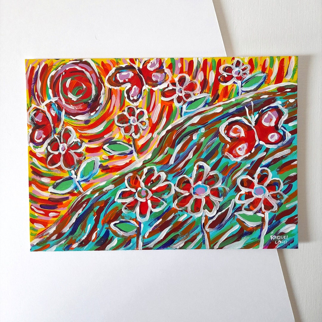 Naive Art, Colorful Landscape Painting on Paper ORIGINAL, Maximalist ...