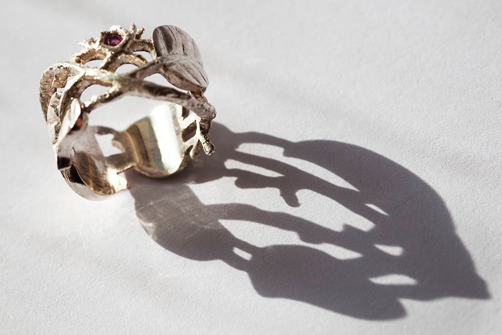 Leaf Ring With Ruby in Sterling Silver/ Silver Leaf and Twig Ring ...