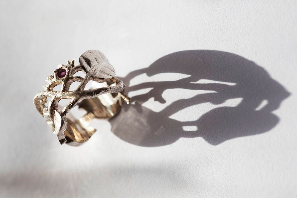 Leaf Ring With Ruby in Sterling Silver/ Silver Leaf and Twig - Etsy
