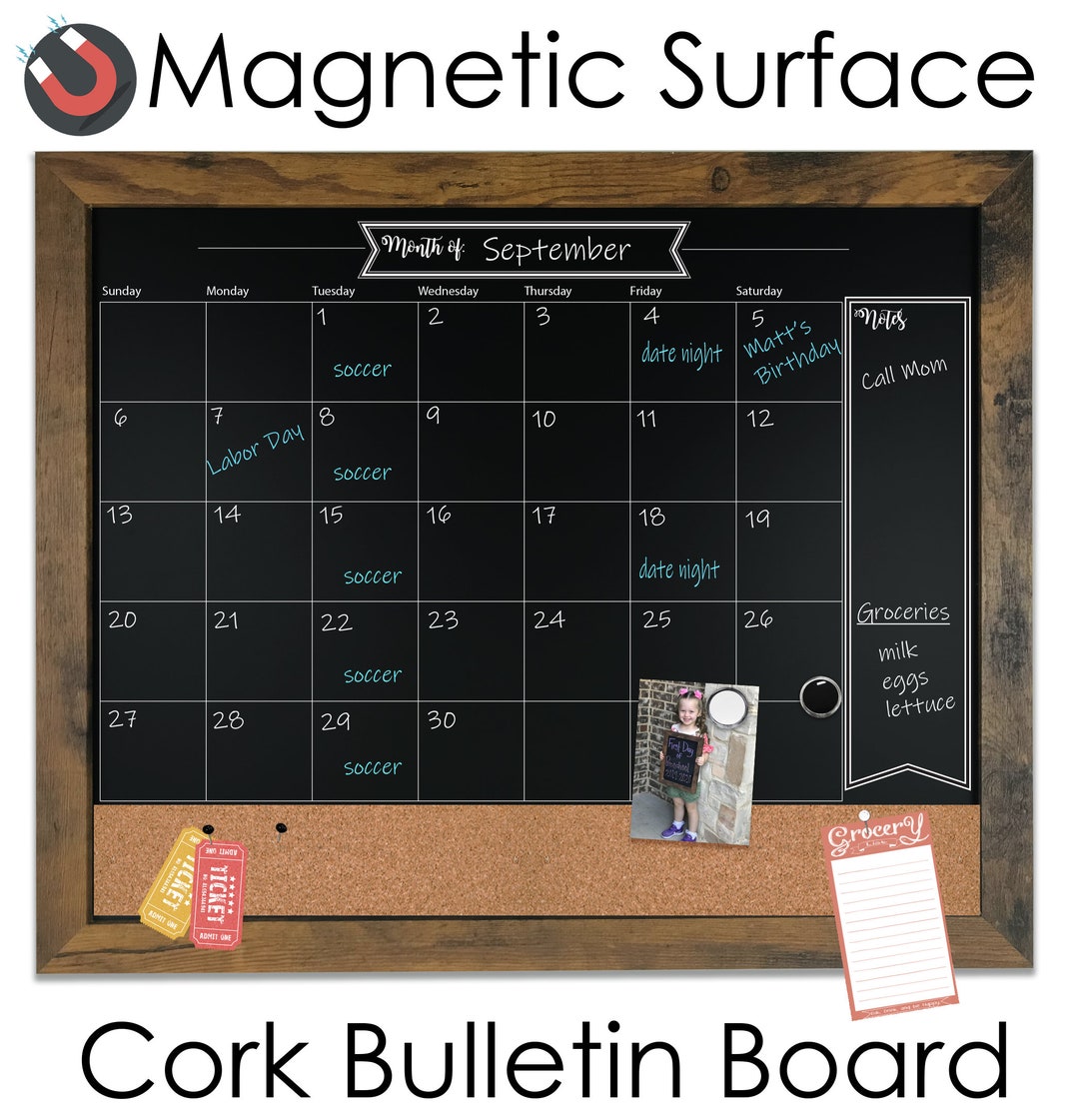 18x24 Chalkboard Calendar and Bulletin Combo Board- Includes Chalk ...
