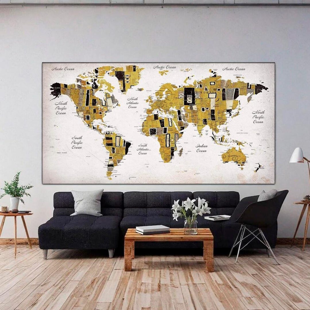 Large Gold World Map Painting on Canvas, Abstract Geography Wall Art ...
