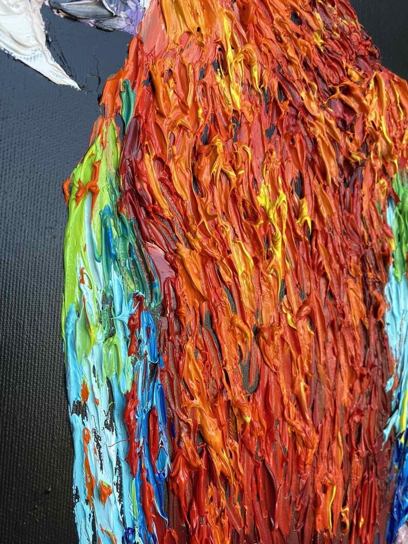 Large Colorful Macaw Parrot Painting Textured Impasto Bird Art on Black ...