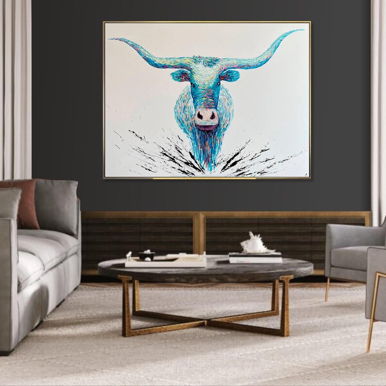 Large Blue Bull Painting on Canvas – Colorful Longhorn Impasto Modern ...