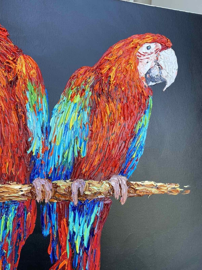 Large Colorful Macaw Parrot Painting Textured Impasto Bird Art on Black ...